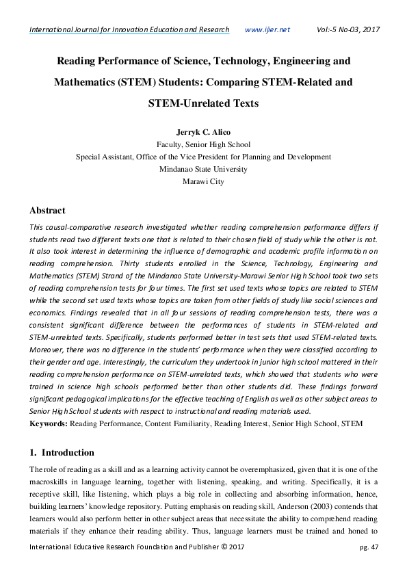 (PDF) Reading Performance of Science, Technology, Engineering and ...