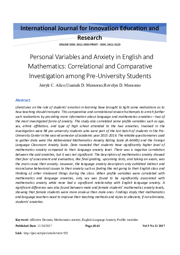 (PDF) Personal Variables and Anxiety in English and Mathematics ...