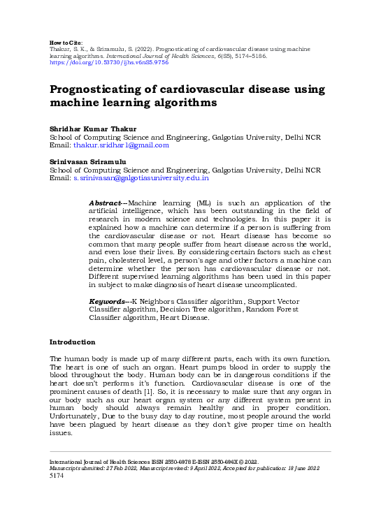 (PDF) Machine Learning for Cardiovascular Disease Diagnosis