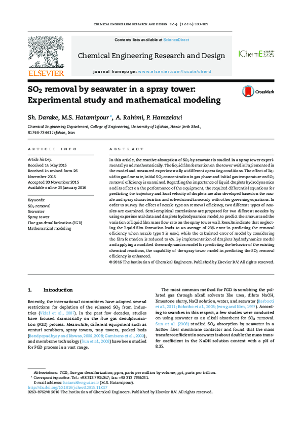 (PDF) SO2 removal by seawater in a spray tower: Experimental study and ...