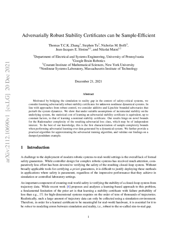(PDF) Adversarially Robust Stability Certificates can be Sample-Efficient