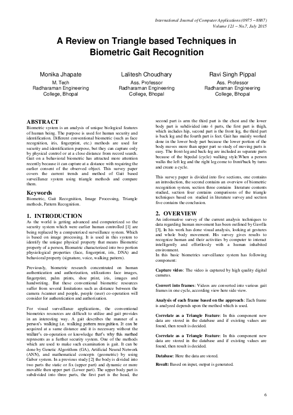 Pdf A Review On Triangle Based Techniques In Biometric Gait Recognition