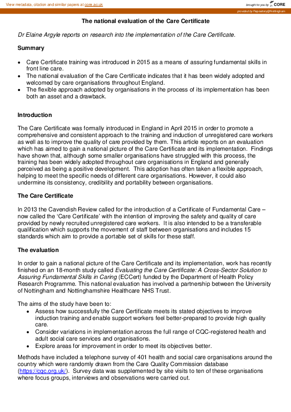 (PDF) The national evaluation of the Care Certificate