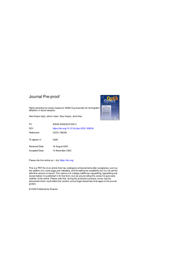 (PDF) Highly sensitive bio sensor based on WGM ring resonator for ...