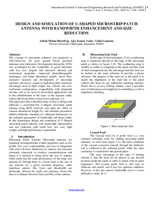 Pdf Design And Simulation Of U Shaped Microstrip Patch Antenna With Bandwidth Enhancement And