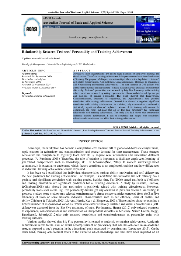 (PDF) Relationship Between Trainees' Personality and Training Achievement