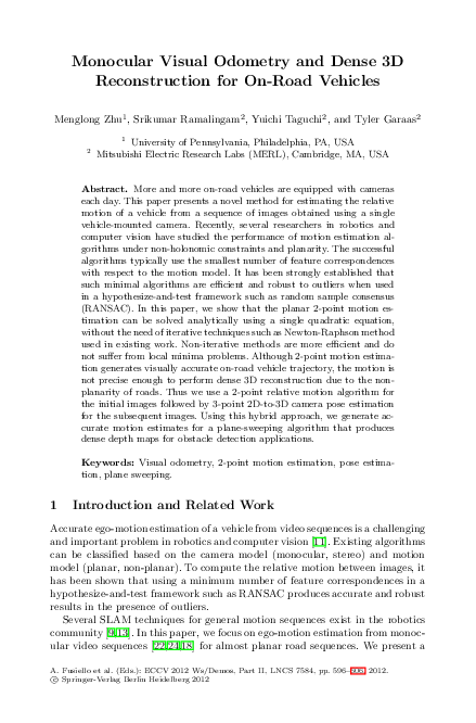 (PDF) Monocular Visual Odometry and Dense 3D Reconstruction for On-Road Vehicles