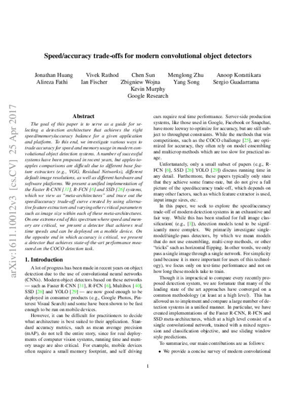 Pdf Speed Accuracy Trade Offs For Modern Convolutional Object Detectors