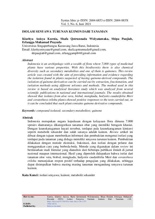 (PDF) Isolasi Senyawa Turunan Kuinon dari Tanaman
