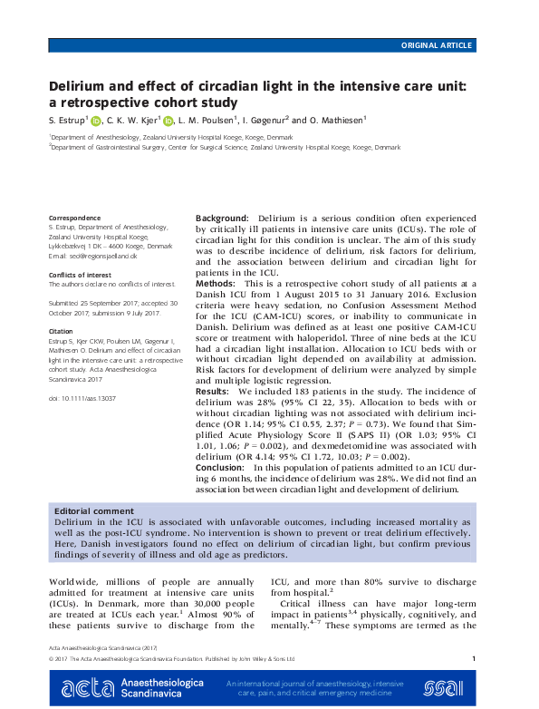 (PDF) Delirium and effect of circadian light in the intensive care unit ...