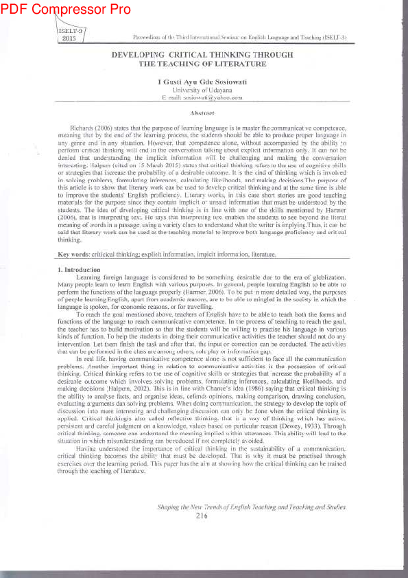 (PDF) Developing Critical Thinking Through the Teaching of Literature