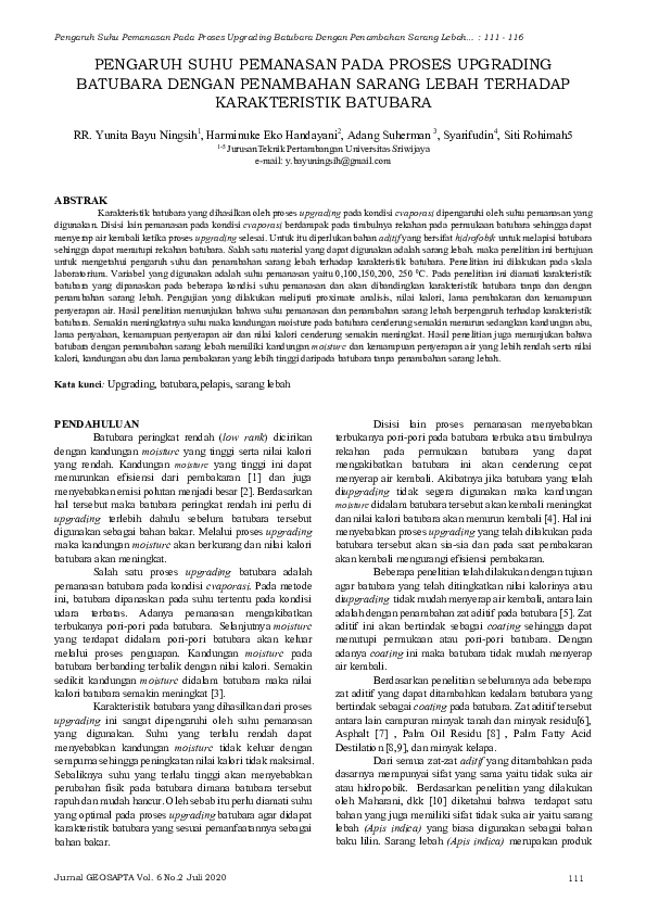 (PDF) Pengaruh Suhu Pemanasan Pada Proses Upgrading Batubara Dengan Penambahan Sarang Lebah ...