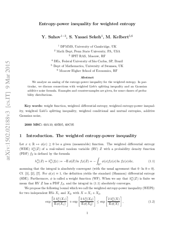(PDF) Entropy-power inequality for weighted entropy