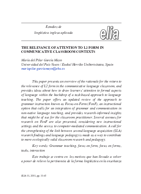 (PDF) The Relevance of Attention to L2 Form in Communicative Classroom Contexts