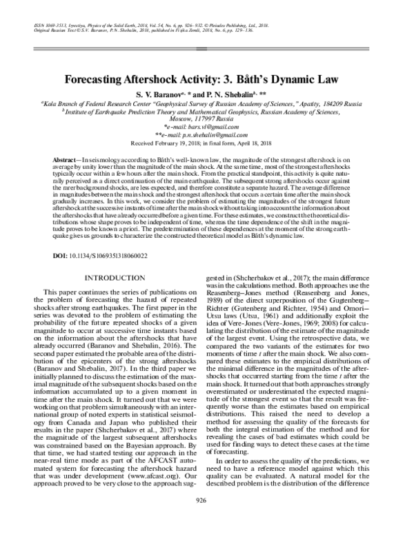 (PDF) Forecasting Aftershock Activity: 3. Båth’s Dynamic Law