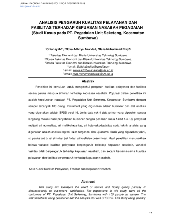 (PDF) Analisis Pengaruh Kualitas Pelayanan Dan Fasilitas Terhadap Kepuasan Nasabah Pegadaian ...