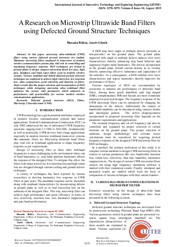 Pdf A Research On Microstrip Ultrawide Band Filters Using Defected Ground Structure Techniques