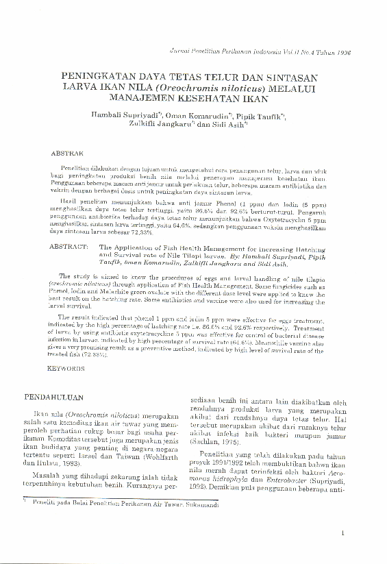 (PDF) PENINGKATAN DAYA TETAS TELUR DAN SINTASAN LARVA IKAN NILA ...