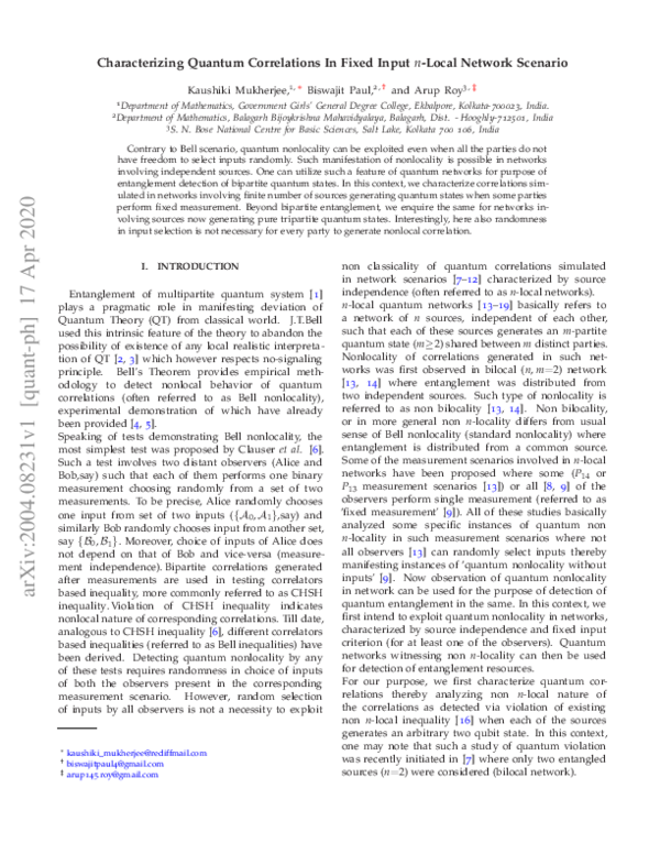 (PDF) Characterizing quantum correlations in a fixed-input n -local network scenario