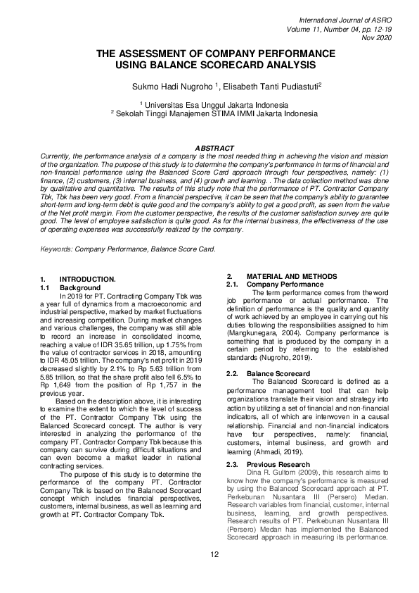 (PDF) The Assessment of Company Performance Using Balanced Scorecard Analysis
