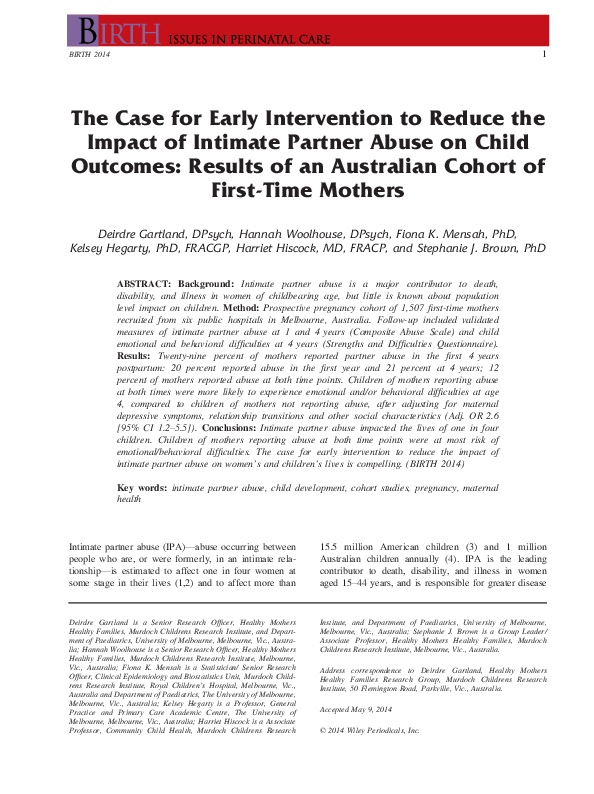 (PDF) The Case for Early Intervention to Reduce the Impact of Intimate ...