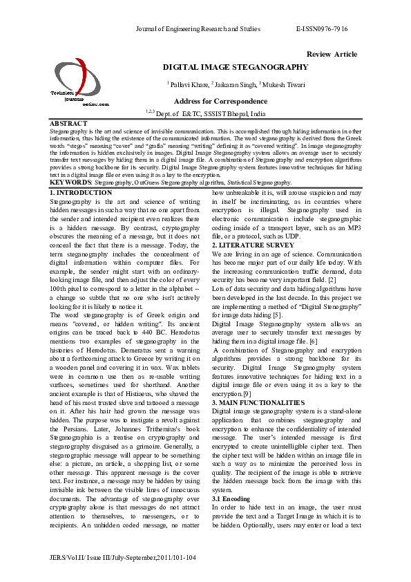 Pdf Review Article Digital Image Steganography 5013