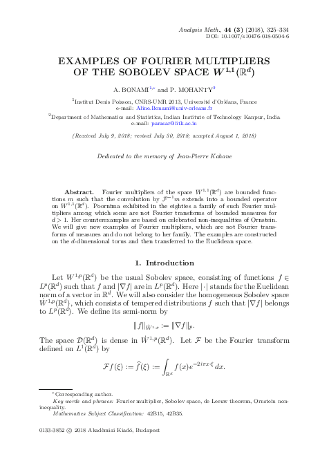 (PDF) Examples of Fourier Multipliers of the Sobolev Space W1,1(ℝd)