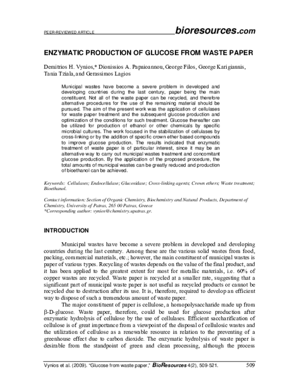 (PDF) Enzymatic production of glucose from waste paper