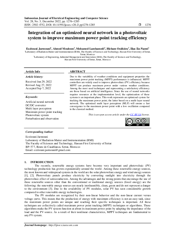 Pdf Integration Of An Optimized Neural Network In A Photovoltaic System To Improve Maximum