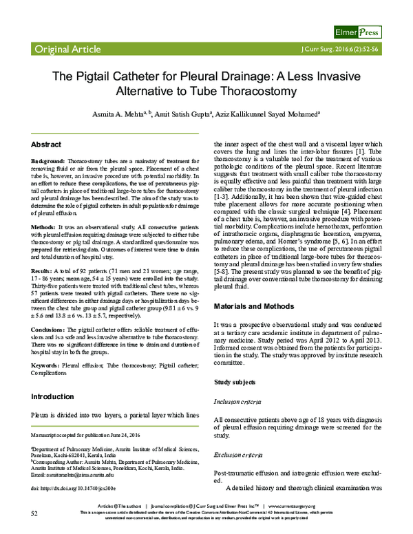 (PDF) The Pigtail Catheter for Pleural Drainage: A Less Invasive ...