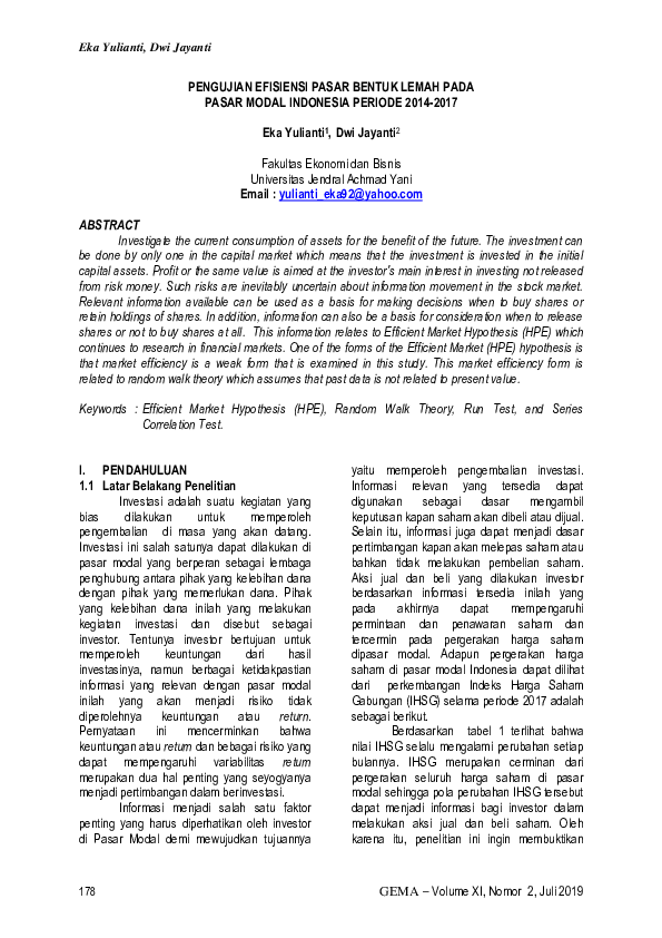 (PDF) Pengujian Efisiensi Pasar Bentuk Lemah Pada Pasar Modal Indonesia ... (PDF) Pengujian Efisiensi Pasar Bentuk Lemah Pada Pasar Modal Indonesia ...