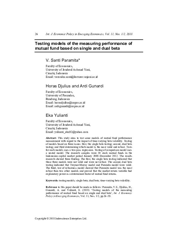 Pdf Testing Models Of The Measuring Performance Of Mutual Fund Based