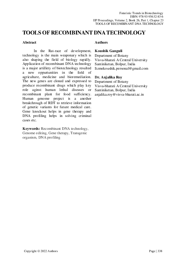 Pdf Tools Of Recombinant Dna Technology Koushik Ganguli