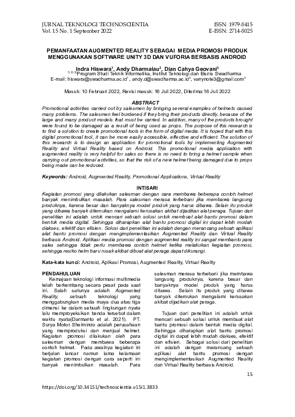 (PDF) Pemanfaatan Augmented Reality Sebagai Media Promosi Menggunakan Software Unity 3D Dan Vuforia