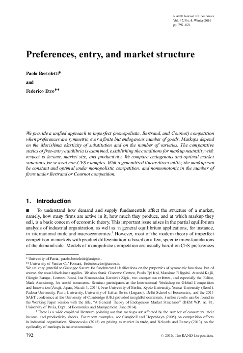 (PDF) Preferences, entry, and market structure