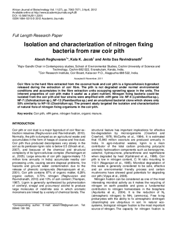 (PDF) Isolation and characterization of nitrogen fixing bacteria from raw coir pith | Felix ...