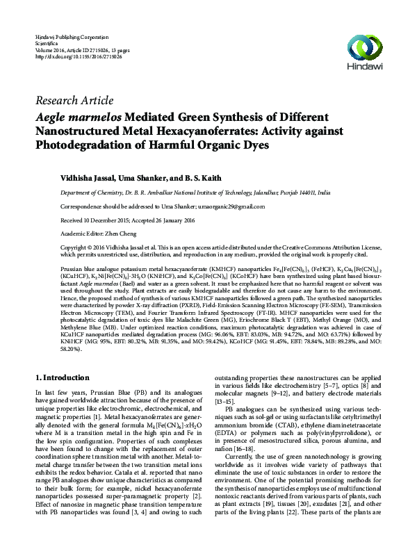 (PDF) Aegle marmelos Mediated Green Synthesis of Different Nanostructured Metal ...