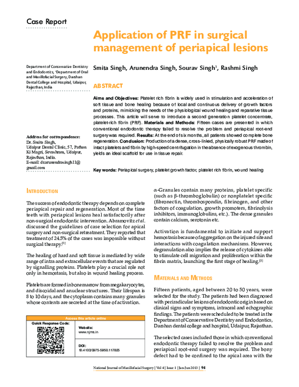 (PDF) Application of PRF in surgical management of periapical lesions
