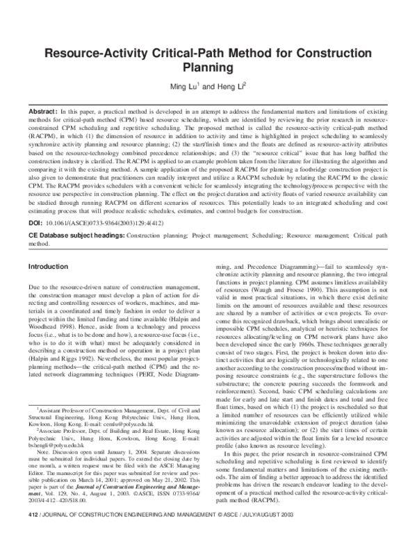 (PDF) Resource-Activity Critical-Path Method for Construction Planning