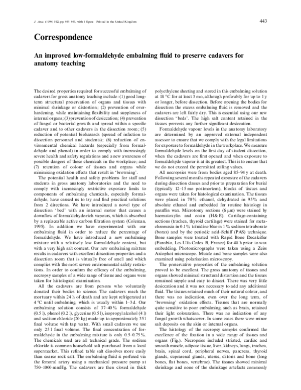 (PDF) An improved low-formaldehyde embalming fluid to preserve cadavers ...