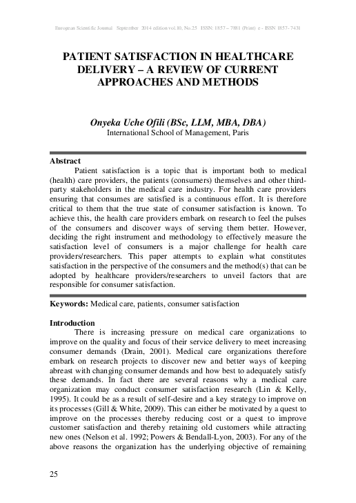 (PDF) Patient Satisfaction in Healthcare Delivery – a Review of Current ...
