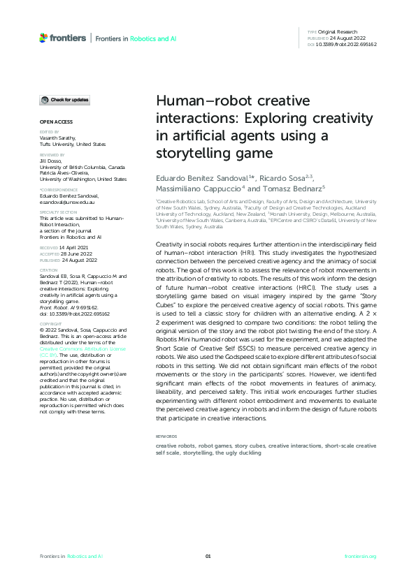 (PDF) Human-robot Creative Interactions: Exploring Creativity in Artificial Agents Using a ...