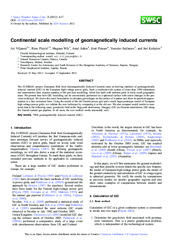 (PDF) Continental scale modelling of geomagnetically induced currents