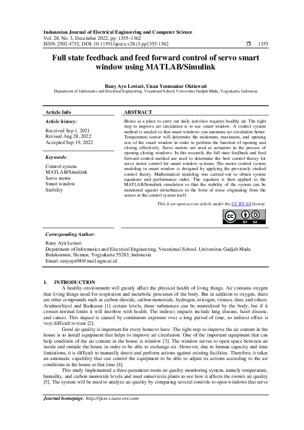 Pdf Full State Feedback And Feed Forward Control Of Servo Smart Window Using Matlab Simulink