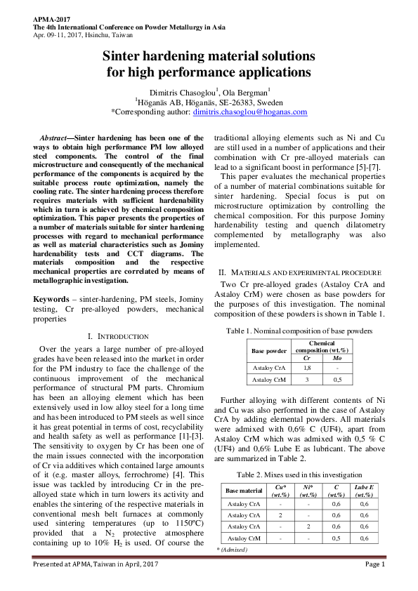 (PDF) Sinter hardening material solutions for high performance applications