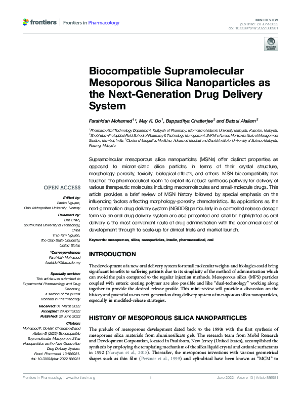 (PDF) Biocompatible Supramolecular Mesoporous Silica Nanoparticles as the Next-Generation Drug ...