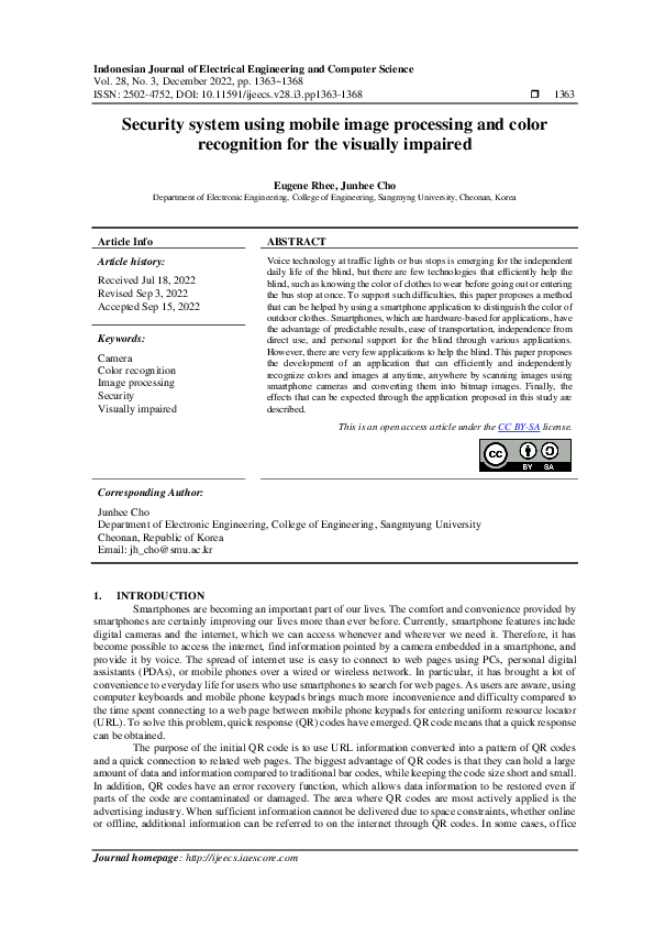 (PDF) Security system using mobile image processing and color recognition for the visually impaired
