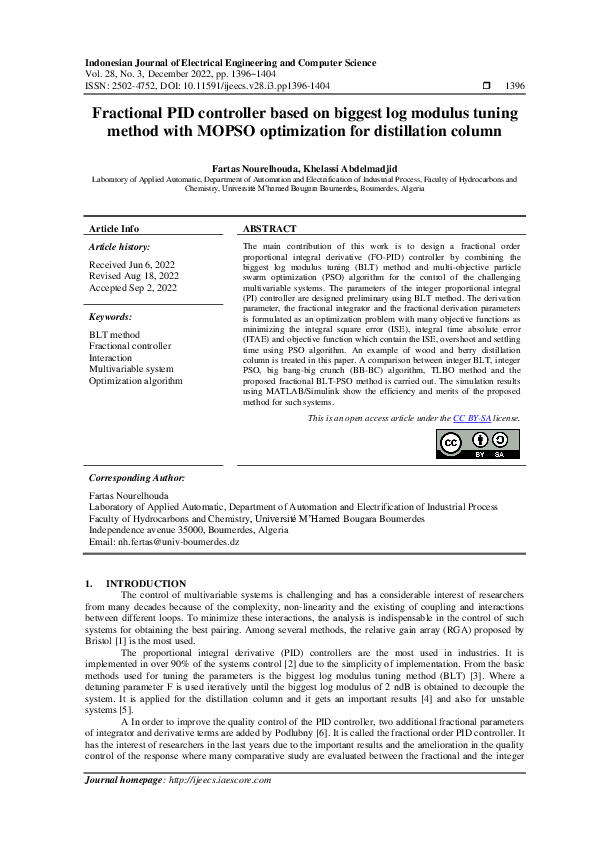 Pdf Fractional Pid Controller Based On Biggest Log Modulus Tuning Method With Mopso