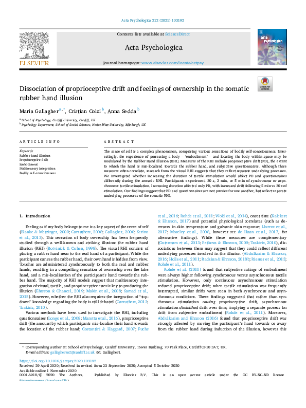 (PDF) Dissociation of proprioceptive drift and feelings of ownership in ...