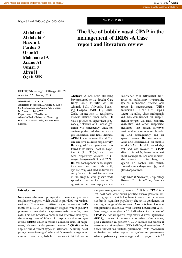 (PDF) The Use of bubble nasal CPAP in the management of IRDS -A Case ...